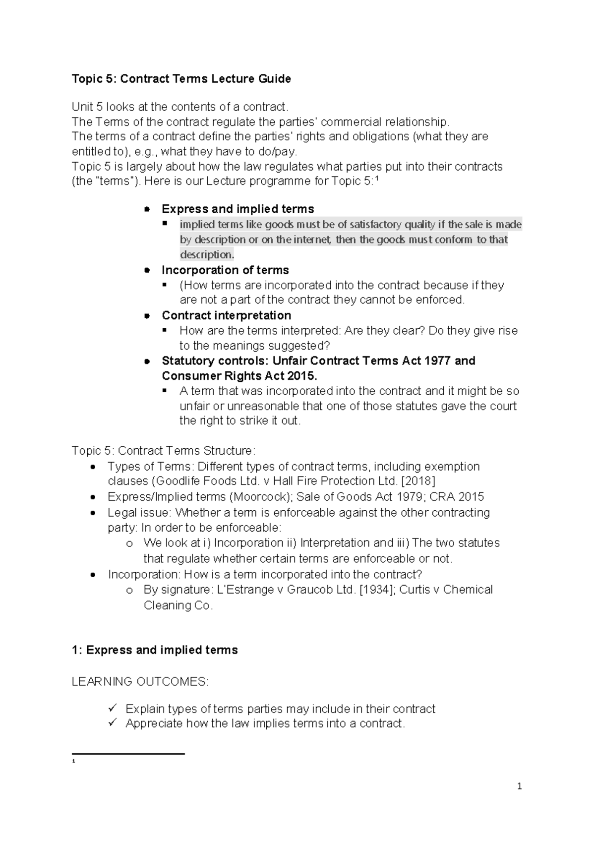 Lecture Guide 5: Understanding Contract Terms and Their Implications ...