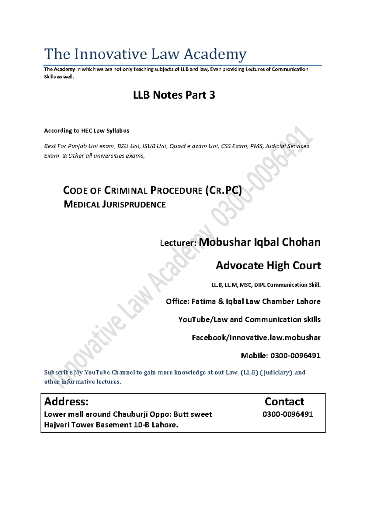 Cr Pc Here Are Notes For Crpc Code Of Criminal Procedure 1898 The Innovative Law Academy The