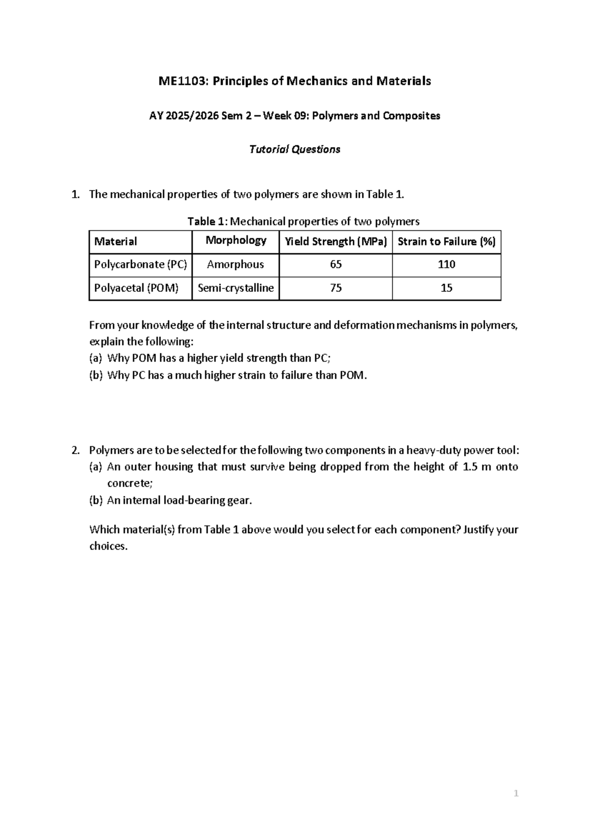 ME1103: Week 09 Tutorial on Polymers & Composites Mechanics - Studocu