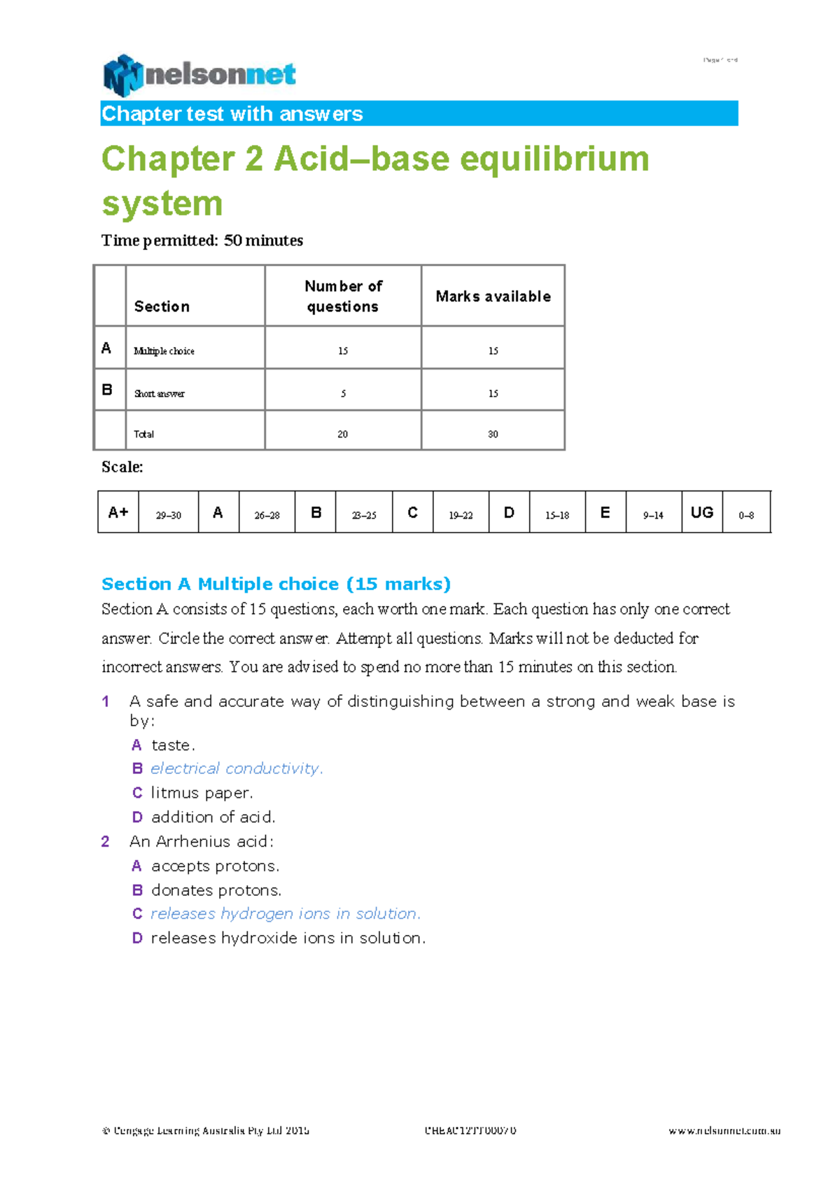 Yr 12 Acid-Base Equilibrium Solutions: Chapter 2 Test with Answers ...