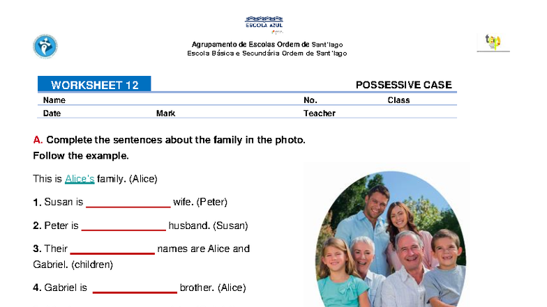 Worksheet 12 - Possessive Case Practice for English Class - Studocu