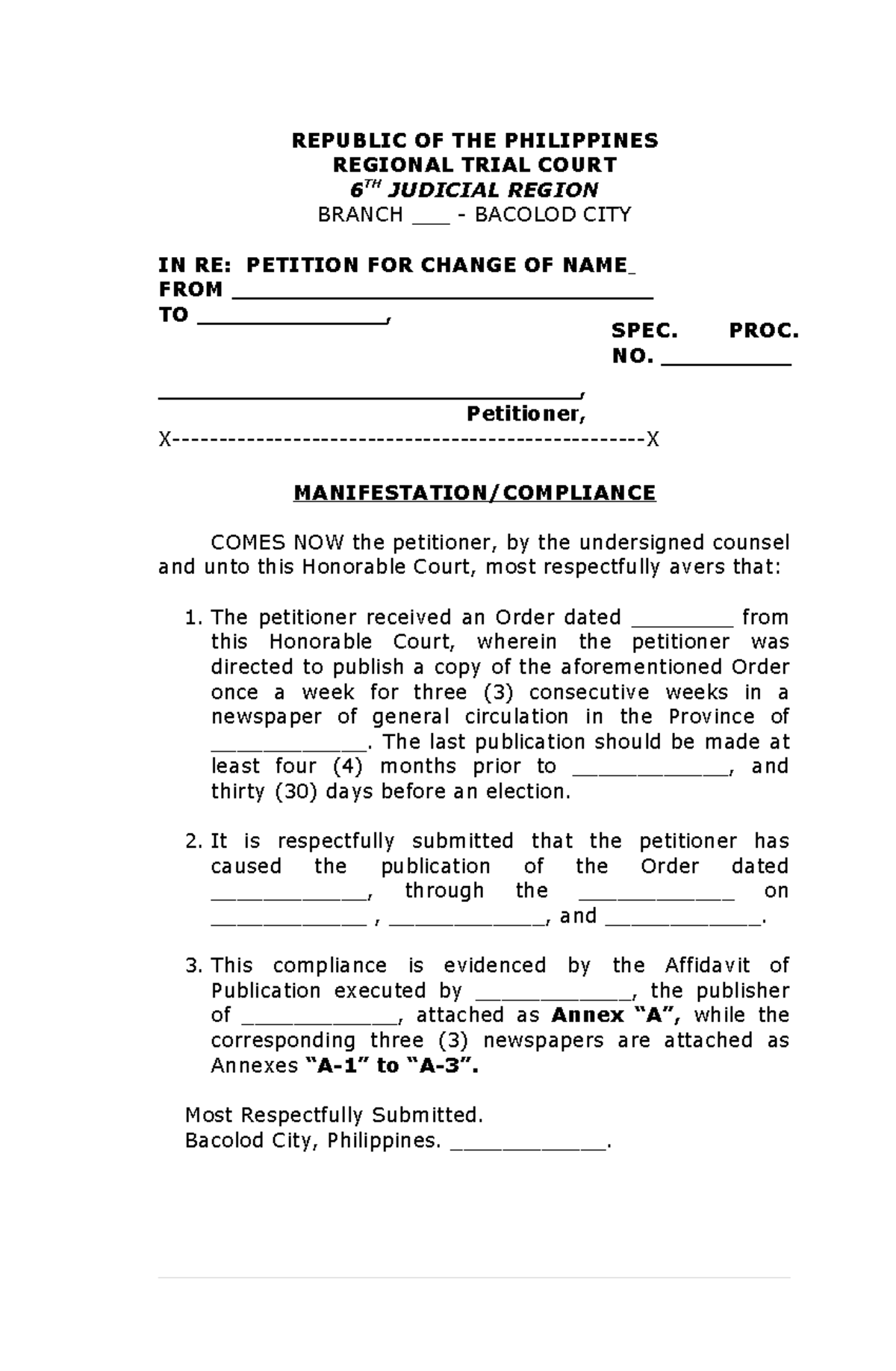 Manifestation/Compliance for Change of Name - Spec. Proc. No ...