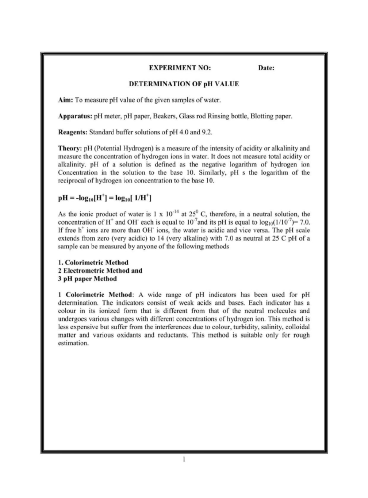 Lab Practical EE1: Determination of pH, Acidity, and Alkalinity in ...