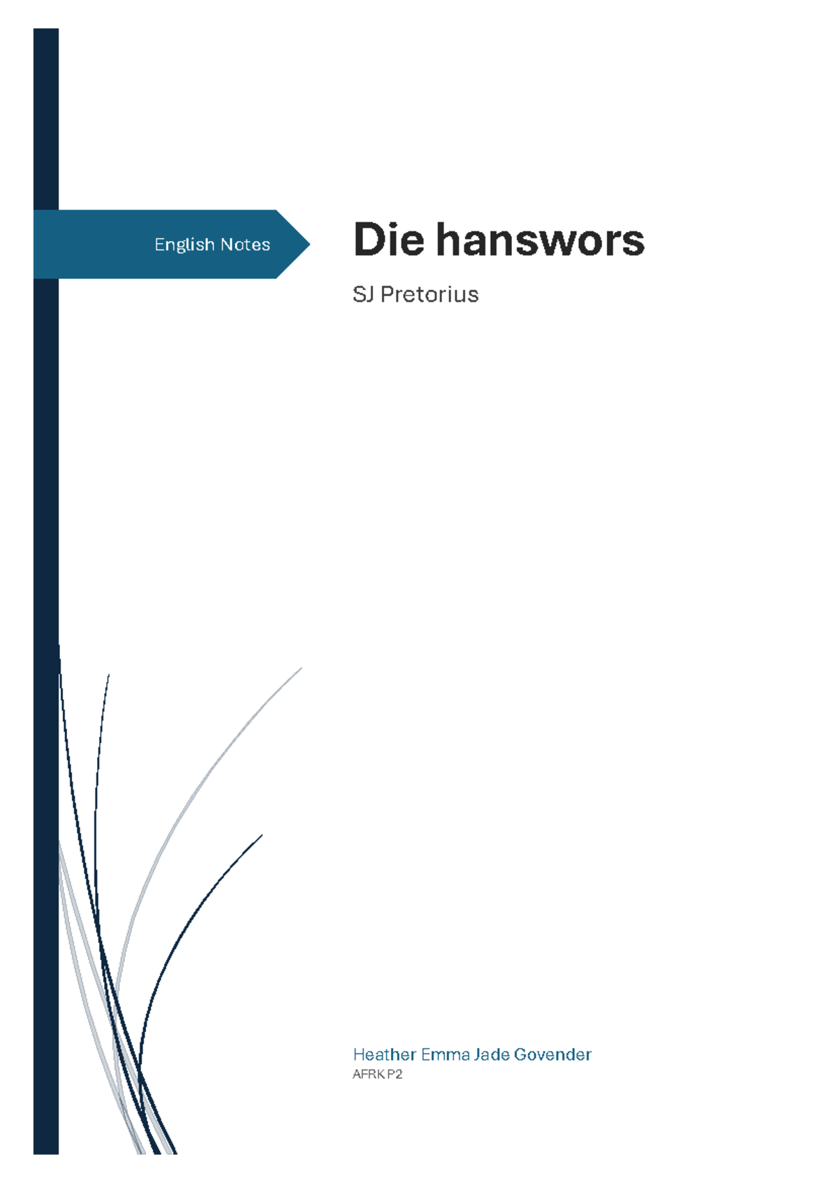 Die hanswors ENG NOTES: 'n Analise van die Poem en Temas - Studocu