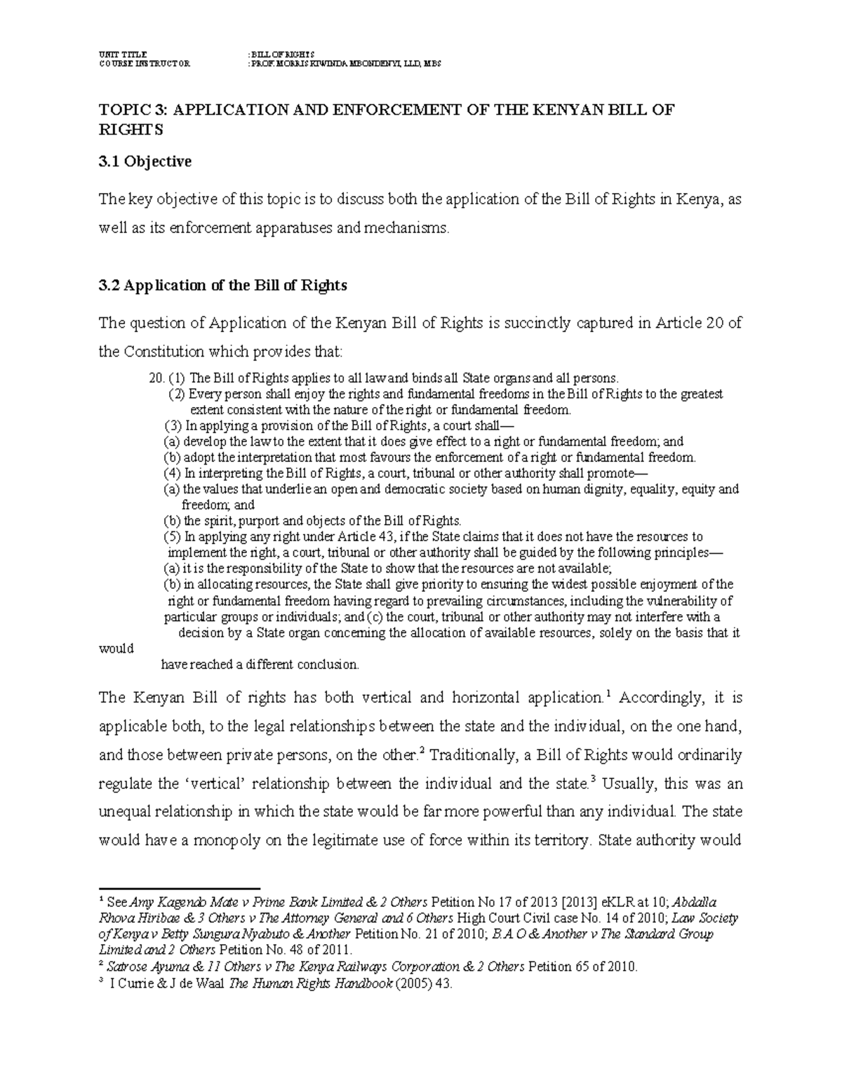 Application and Enforcement of the Kenyan Bill of Rights (LAW 101 ...