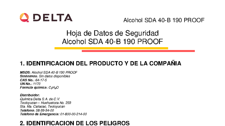Alcohol SDA 190 PROOF: Hoja de Datos de Seguridad (MSDS) - Studocu