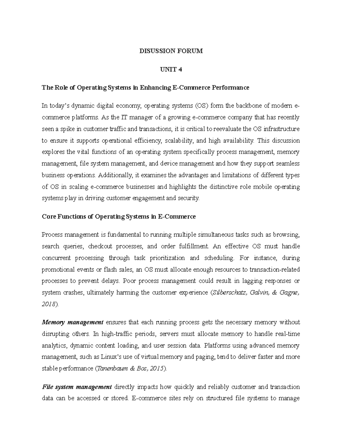 Discussion Forum UNIT 4: The Role of OS in E-commerce Performance - Studocu