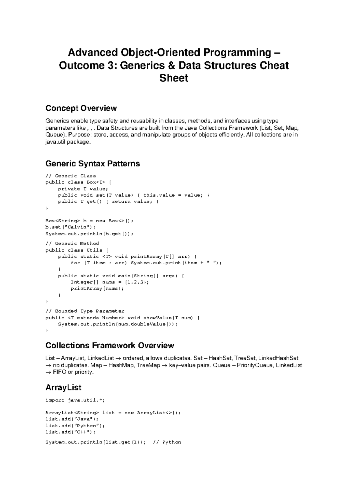 AOOP Outcome 3: Generics & Data Structures Cheat Sheet - Studocu