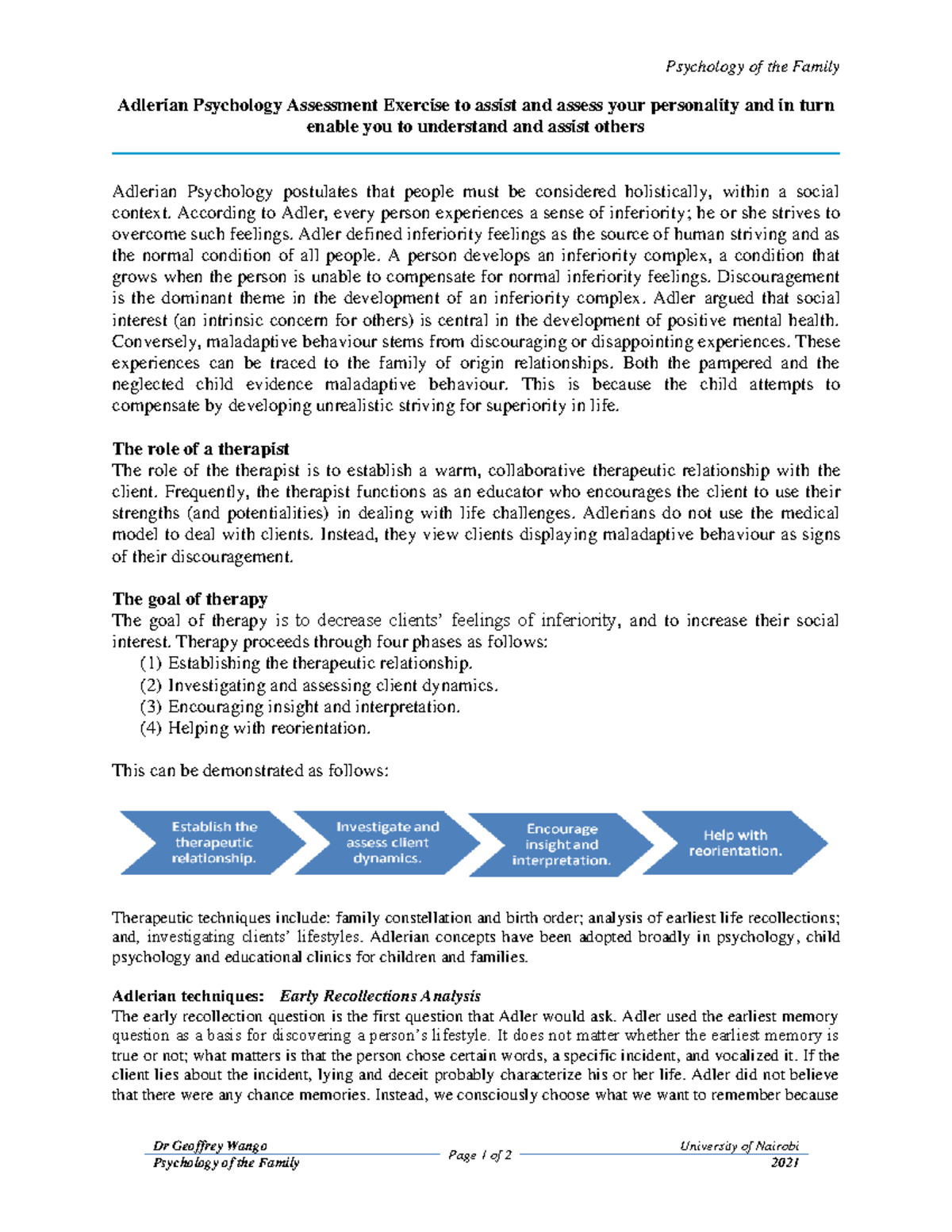FT 07 Family Assessment & Therapy: Adlerian Psychology Insights - Studocu