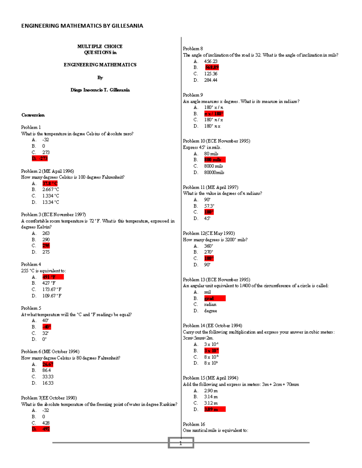 ENGINEERING MATHEMATICS (GILLESANIA) MULTIPLE CHOICE QUESTIONS - Studocu