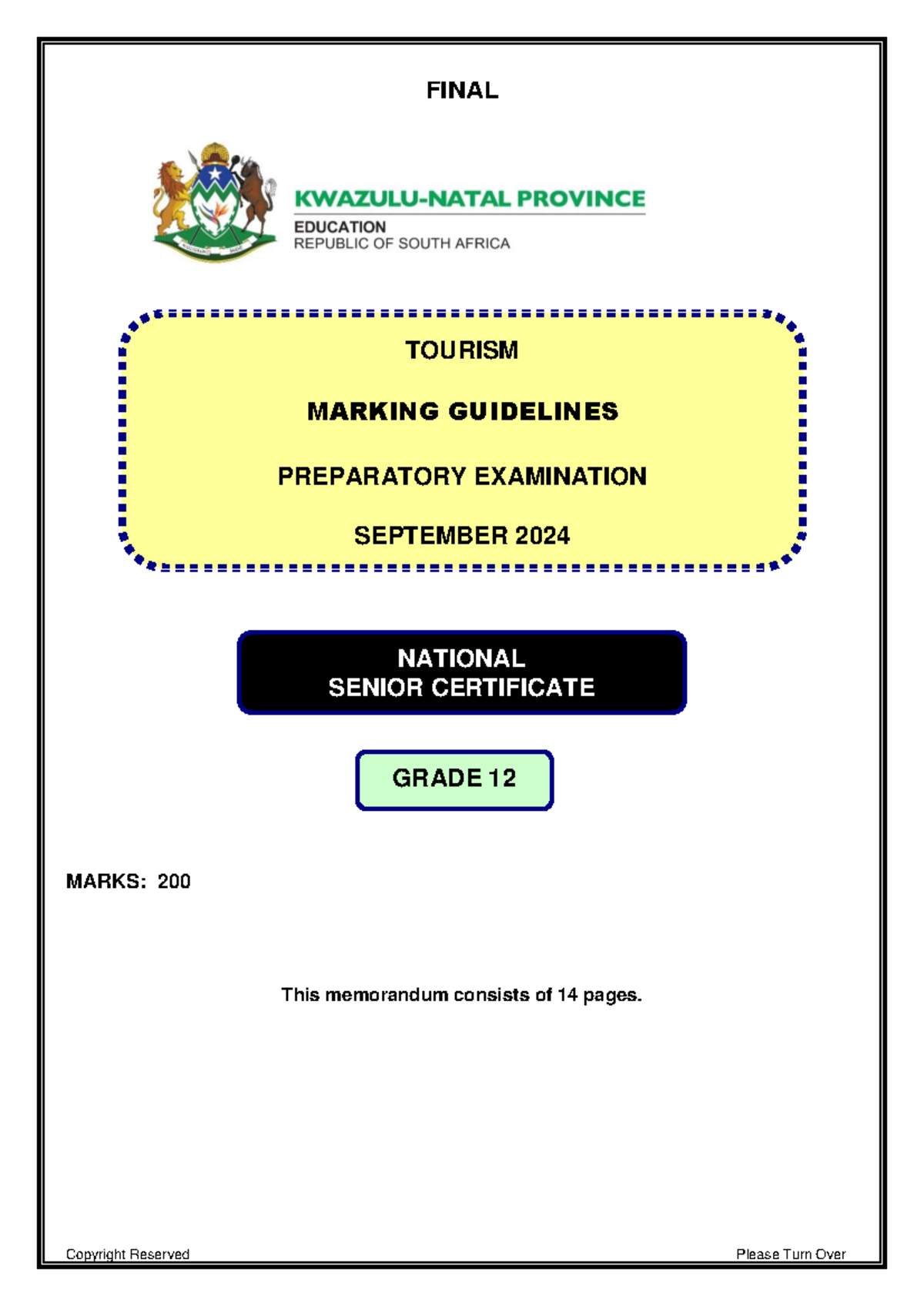 Tourism NSC Grade 12 - September 2024 Final Memo Marking Guidelines ...