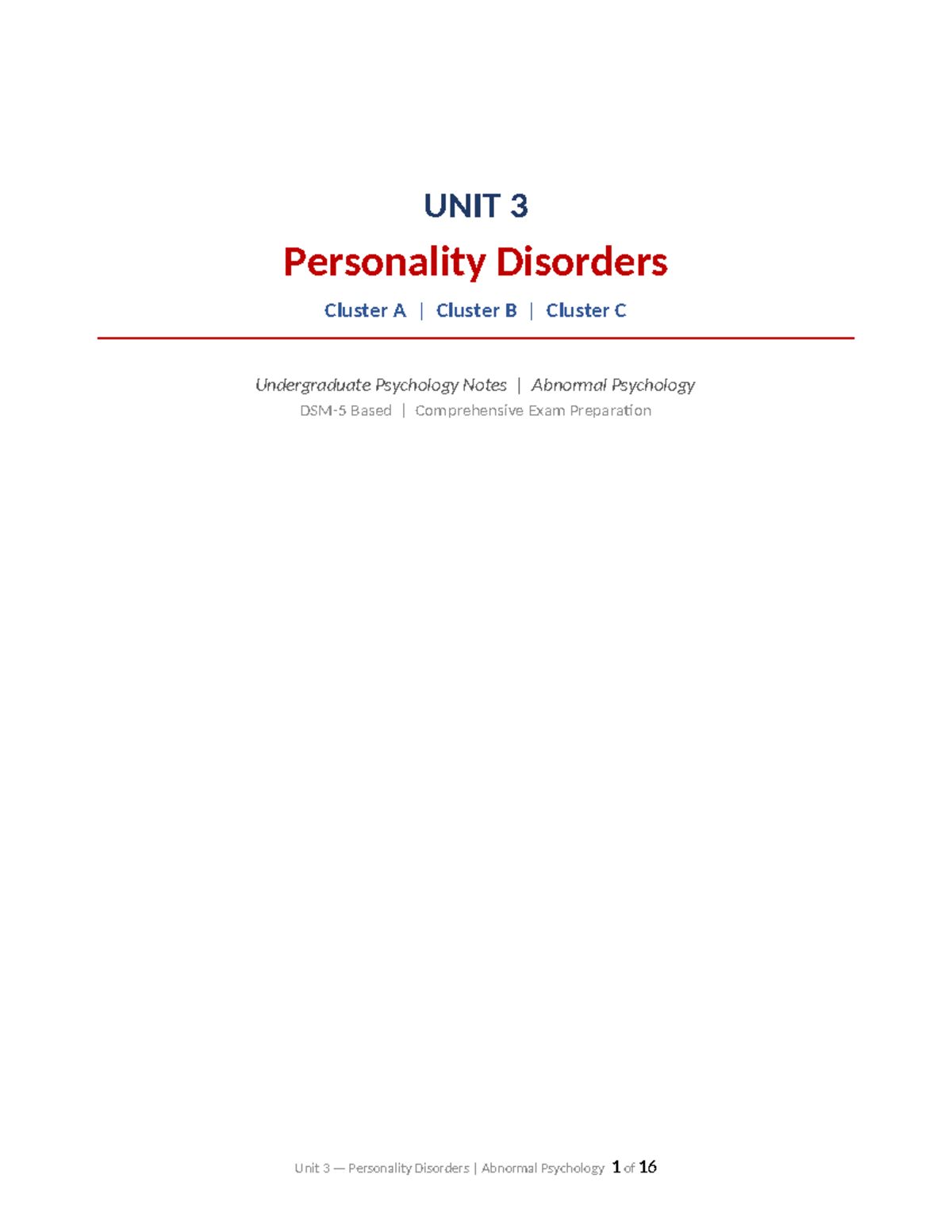 Unit 3: Personality Disorders Overview for Abnormal Psychology Exam ...