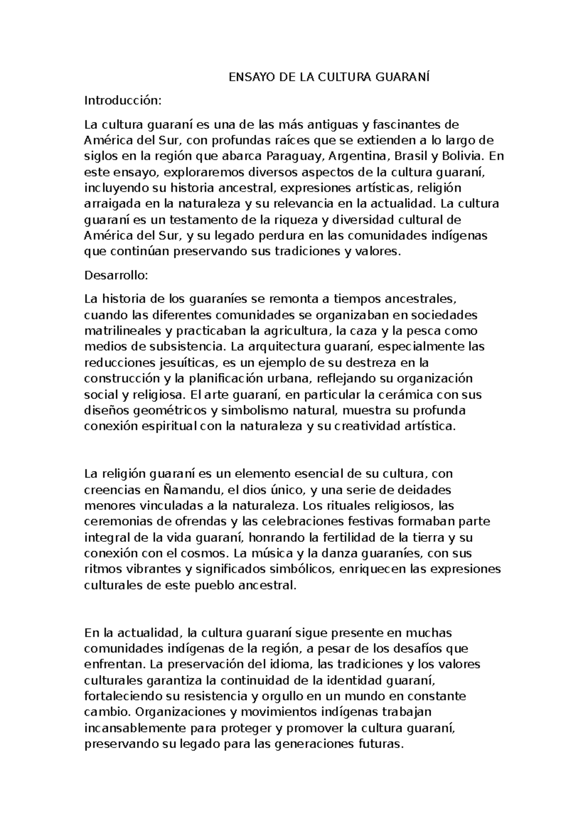 Ensayo de Cultura Guaraní: Historia y Tradiciones Ancestrales - Studocu