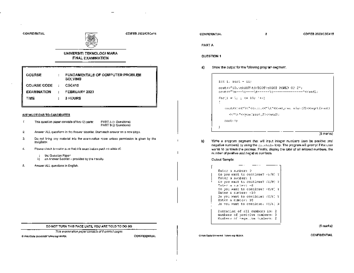 CSC415 Final Exam Paper: Computer Problem Solving Questions - Studocu