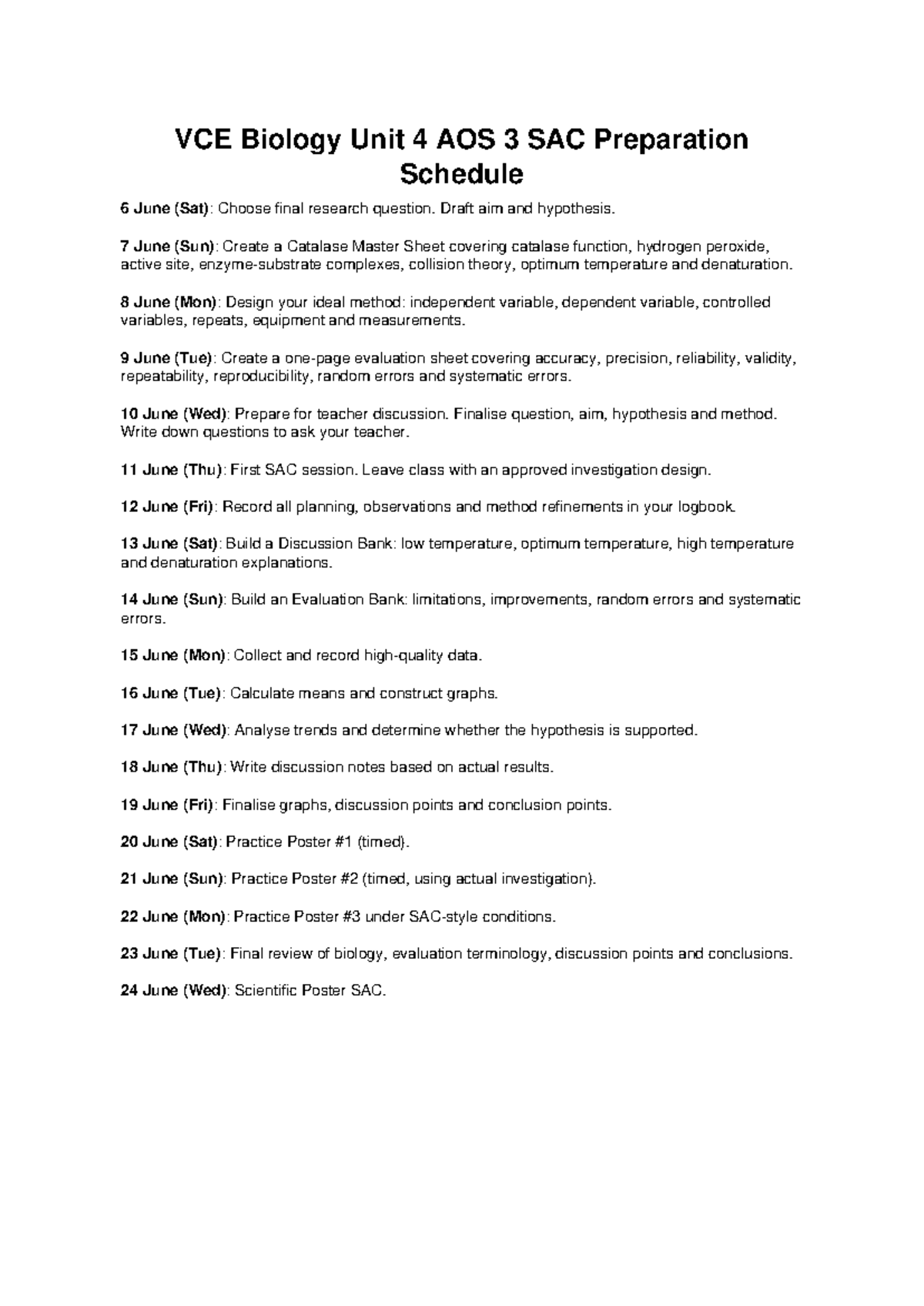 VCE Biology Unit 4 AOS 3 SAC Preparation Timeline - Studocu