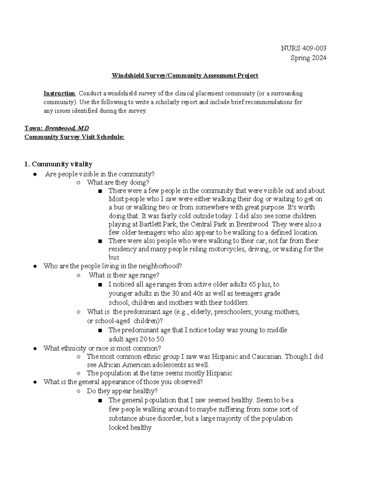 Windshield Survey & Community Assessment - NURS 409-003 Spring 2024 ...