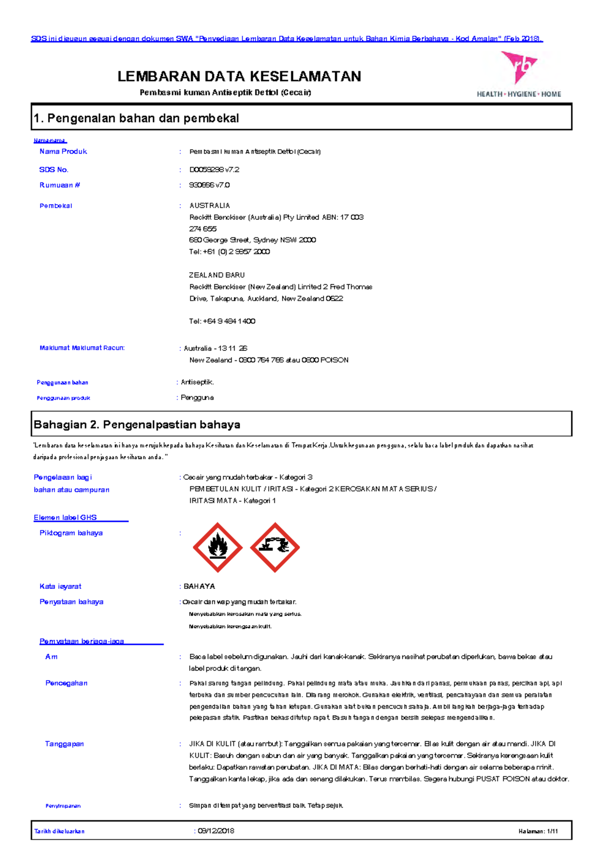 Lembaran Data Keselamatan Dettol Antiseptik (BM) - Studocu