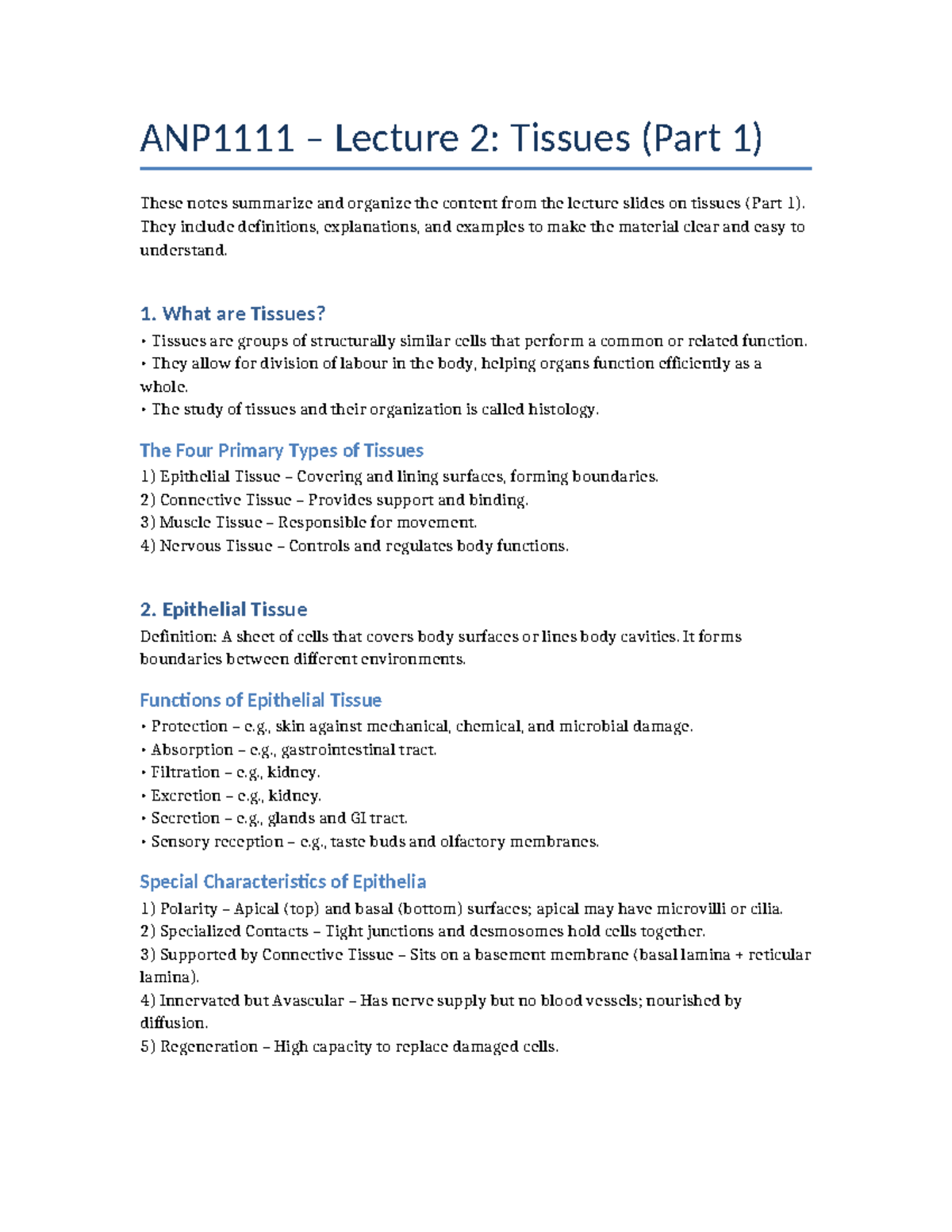 ANP1111 Lecture 2: Tissues (Part 1) Summary & Visuals - Studocu