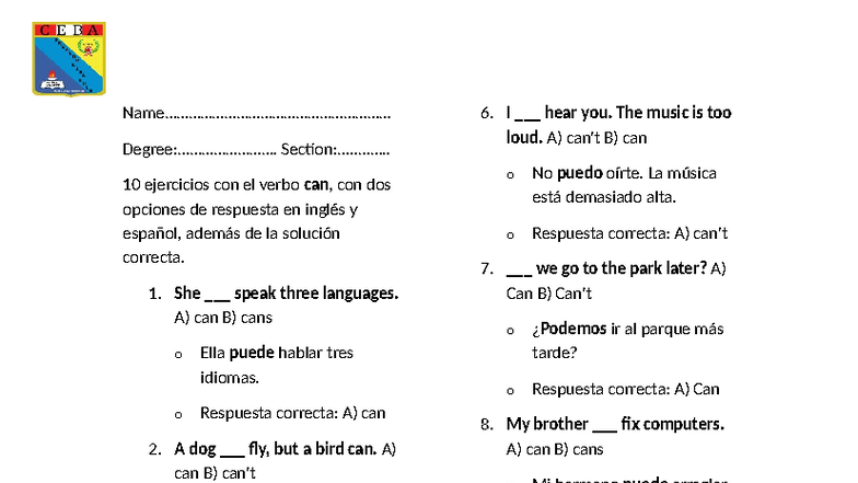 Ejercicios de Práctica: Verbo Can en Inglés y Español - Studocu