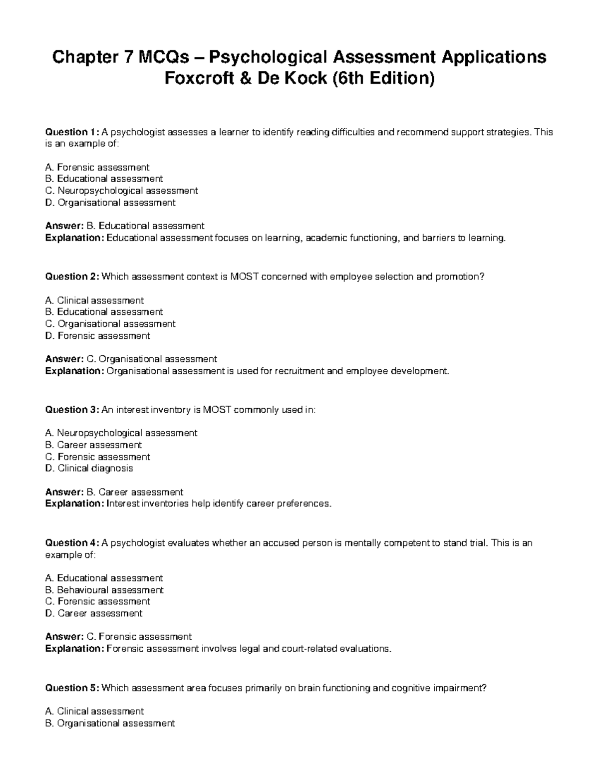 Chapter 7 MCQs on Psychological Assessment Applications (6th Ed.) - Studocu