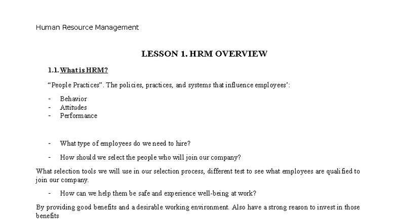 Human Resource Management (HRM) Lesson 1: Overview and Job Analysis ...