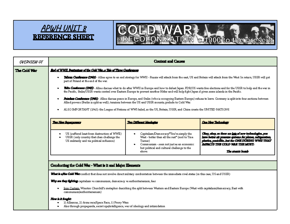 APWH Unit 8: Comprehensive Overview of Cold War Events & Impact - Studocu