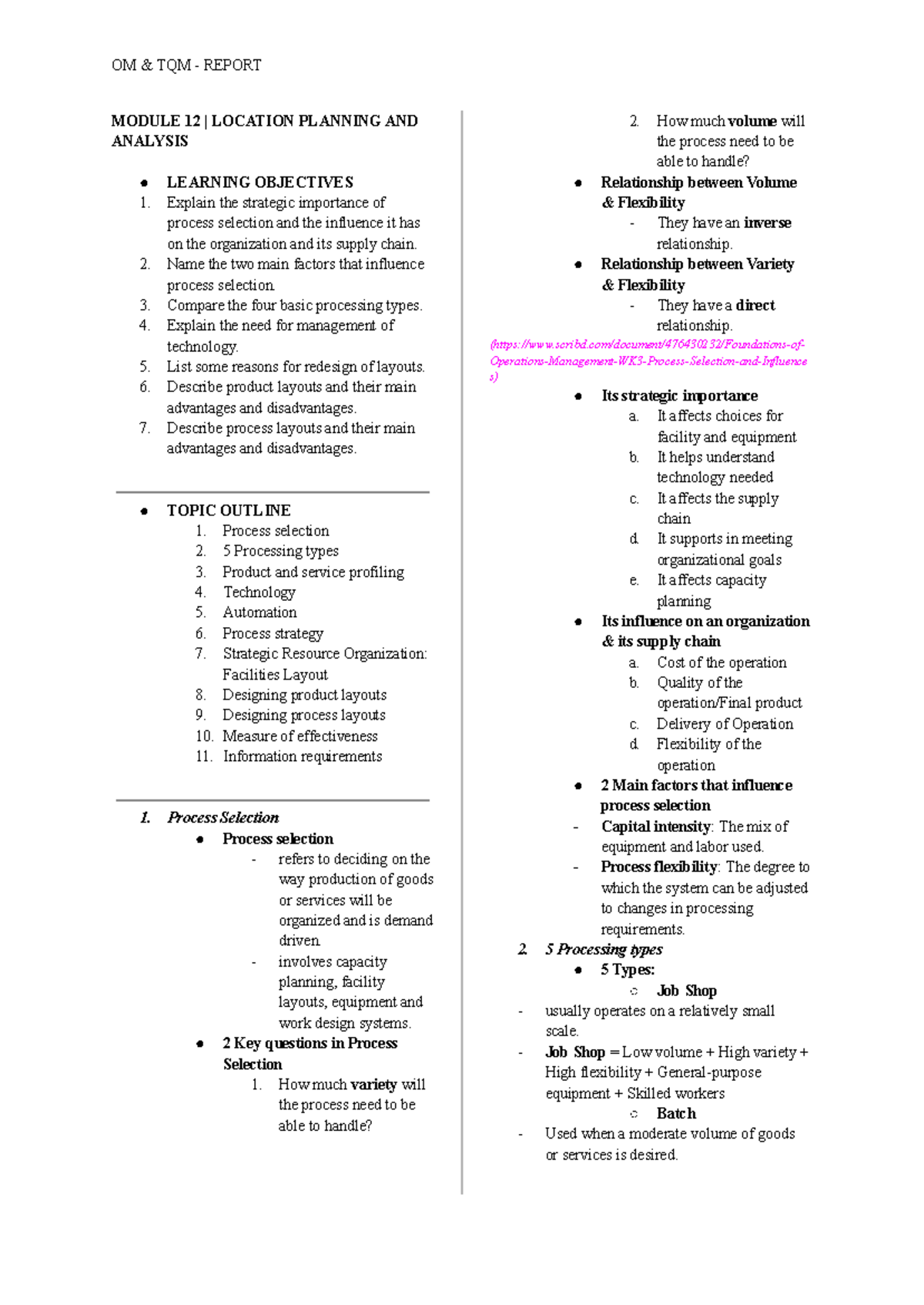 OM TQM Module 12: Process Selection & Layout Analysis - Studocu
