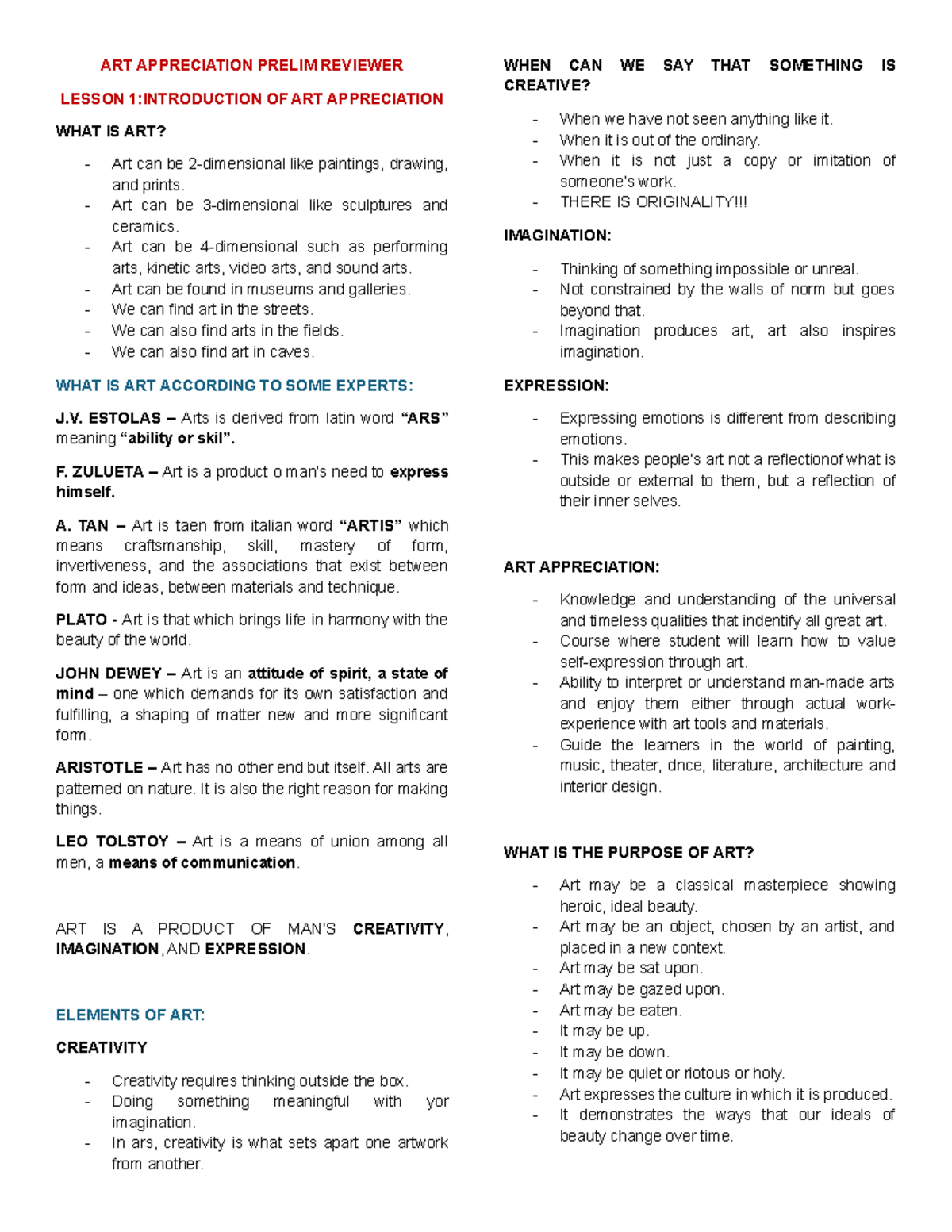 ART-APP- Prelim - notes - ART APPRECIATION PRELIM REVIEWER LESSON 1 ...