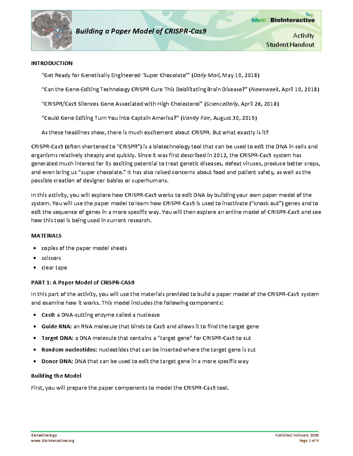 Building a Paper Model of CRISPR: Student Handout for Bio Interactive ...