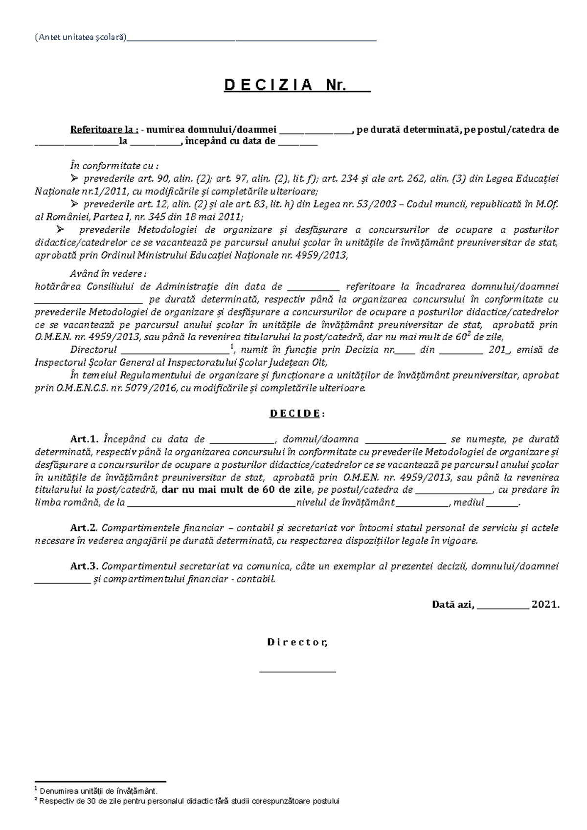 Model Decizie Angajare Suplinitori - Până la 60 Zile - OME Nr. 4959/ ...