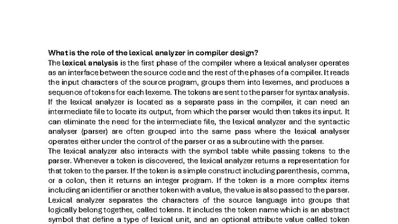 CD1: The Role of the Lexical Analyzer in Compiler Design - Studocu