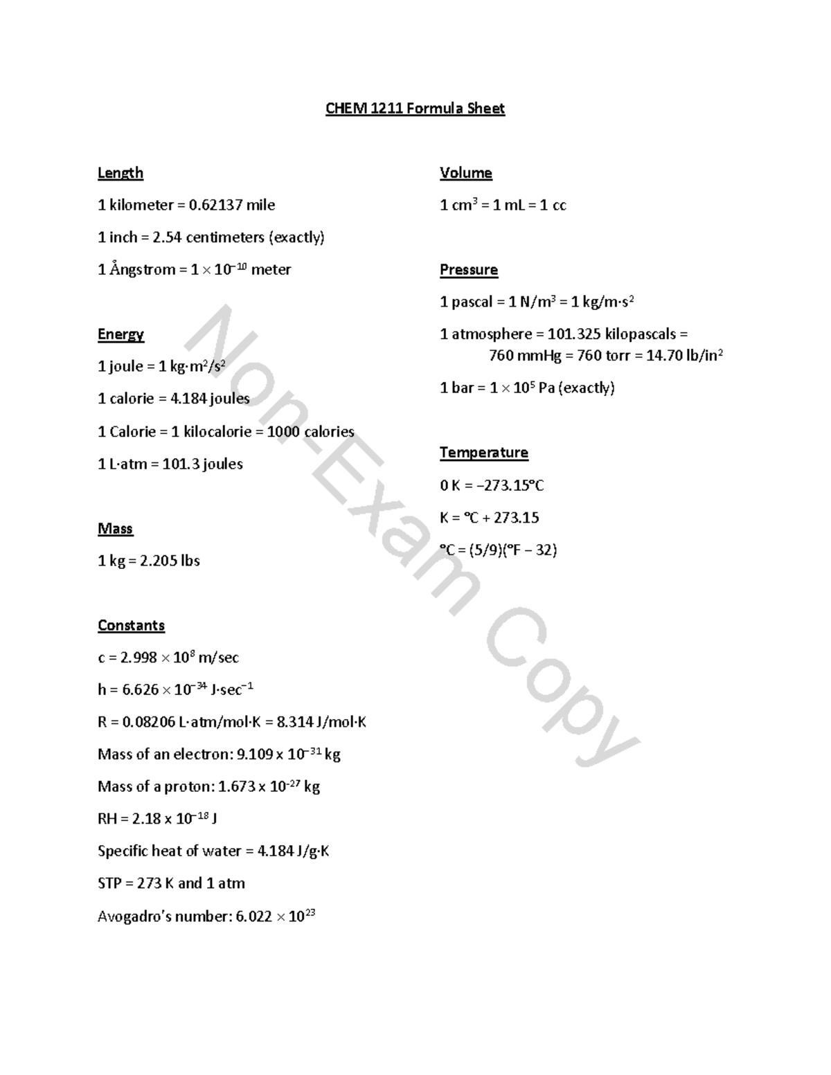 CHEM 1211 Essential Formula Guide for Quick Reference - Studocu