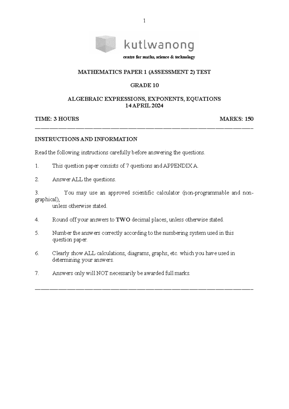 Grade 10 Mathematics Assessment 2: Algebraic Expressions & Equations ...