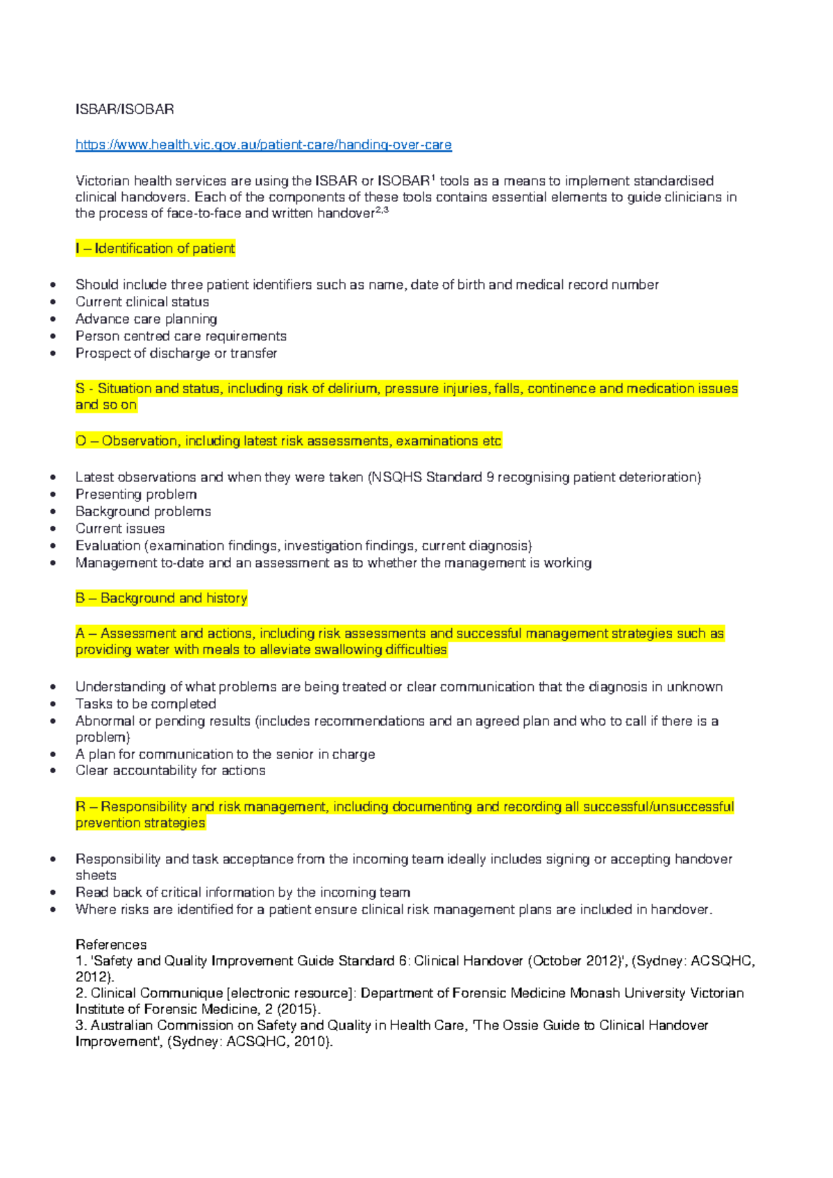 ISBAR Handover Checklist for Clinical Communication in Health Services - Studocu