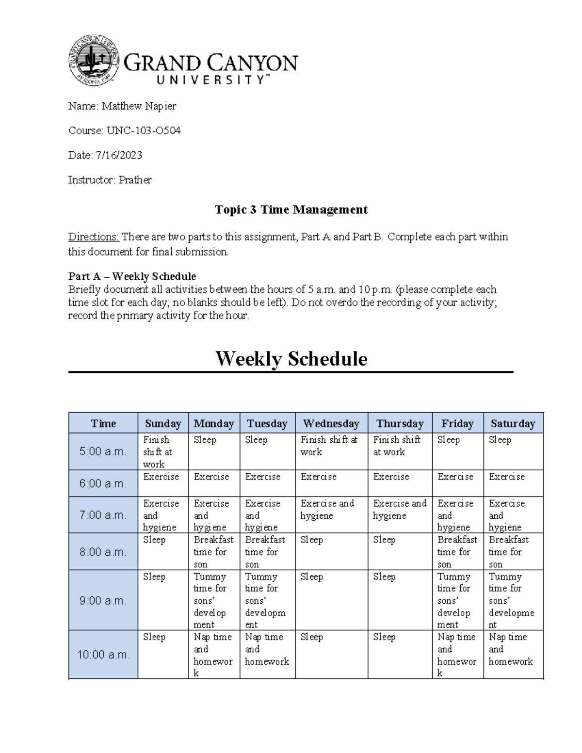 UNV-103-RS-T3 Final Submission: Time Management Weekly Schedule ...
