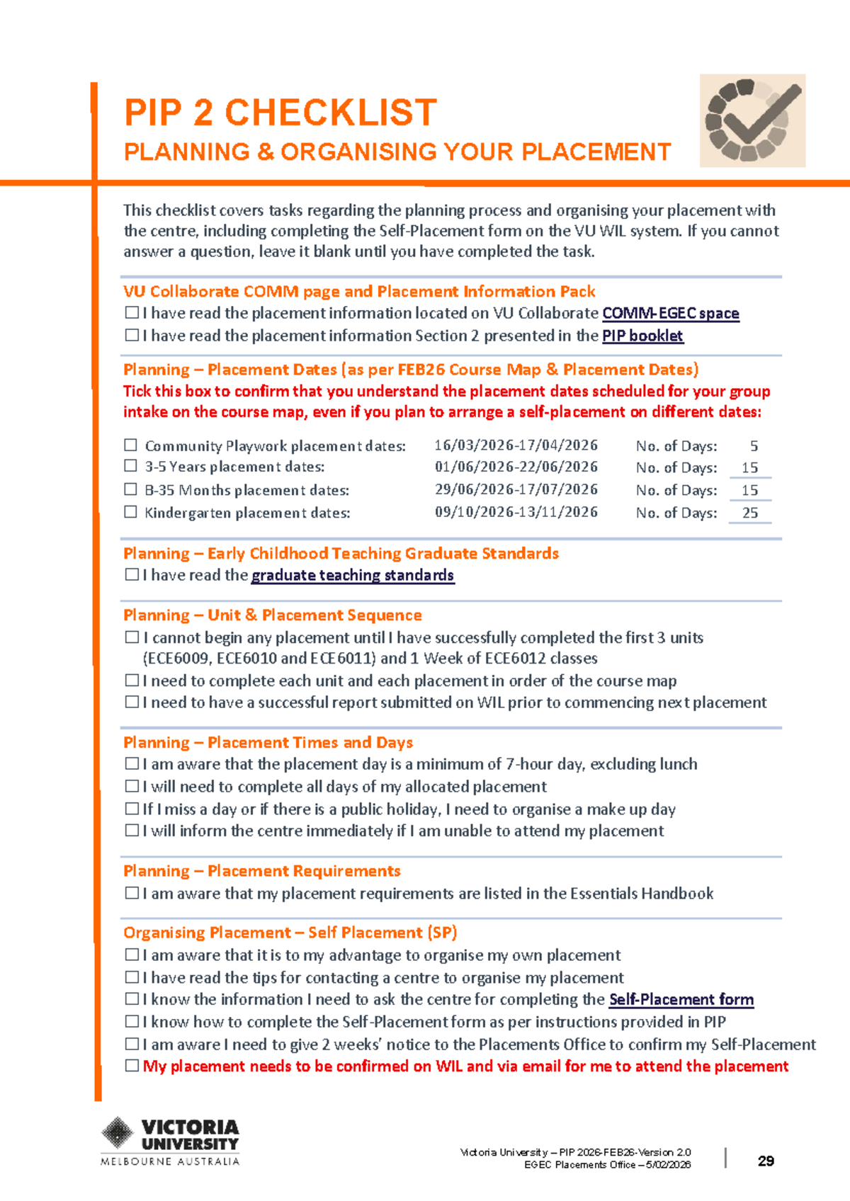 PIP 2 Checklist: Planning & Organising Your Placement (FEB26) - Studocu