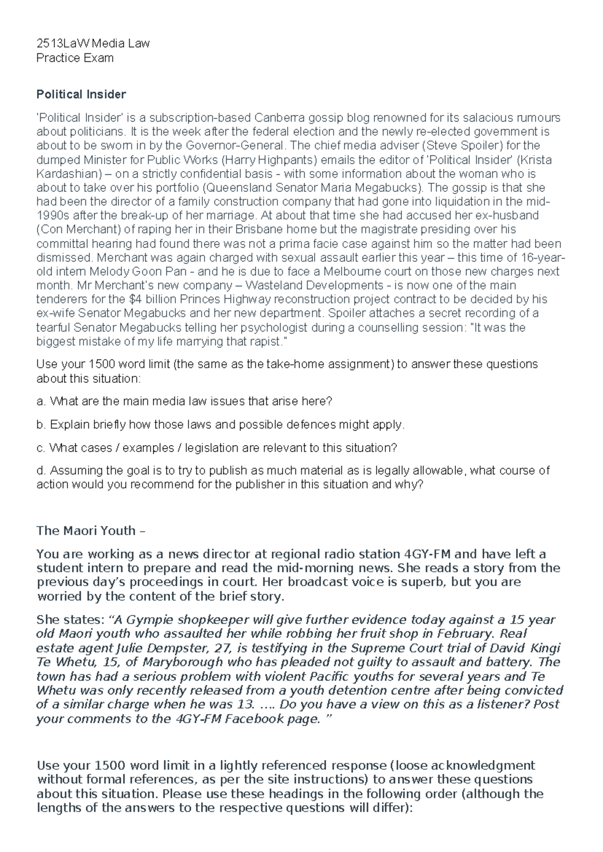 2513LAW Media Law Practice Exam: Key Issues & Recommendations - Studocu