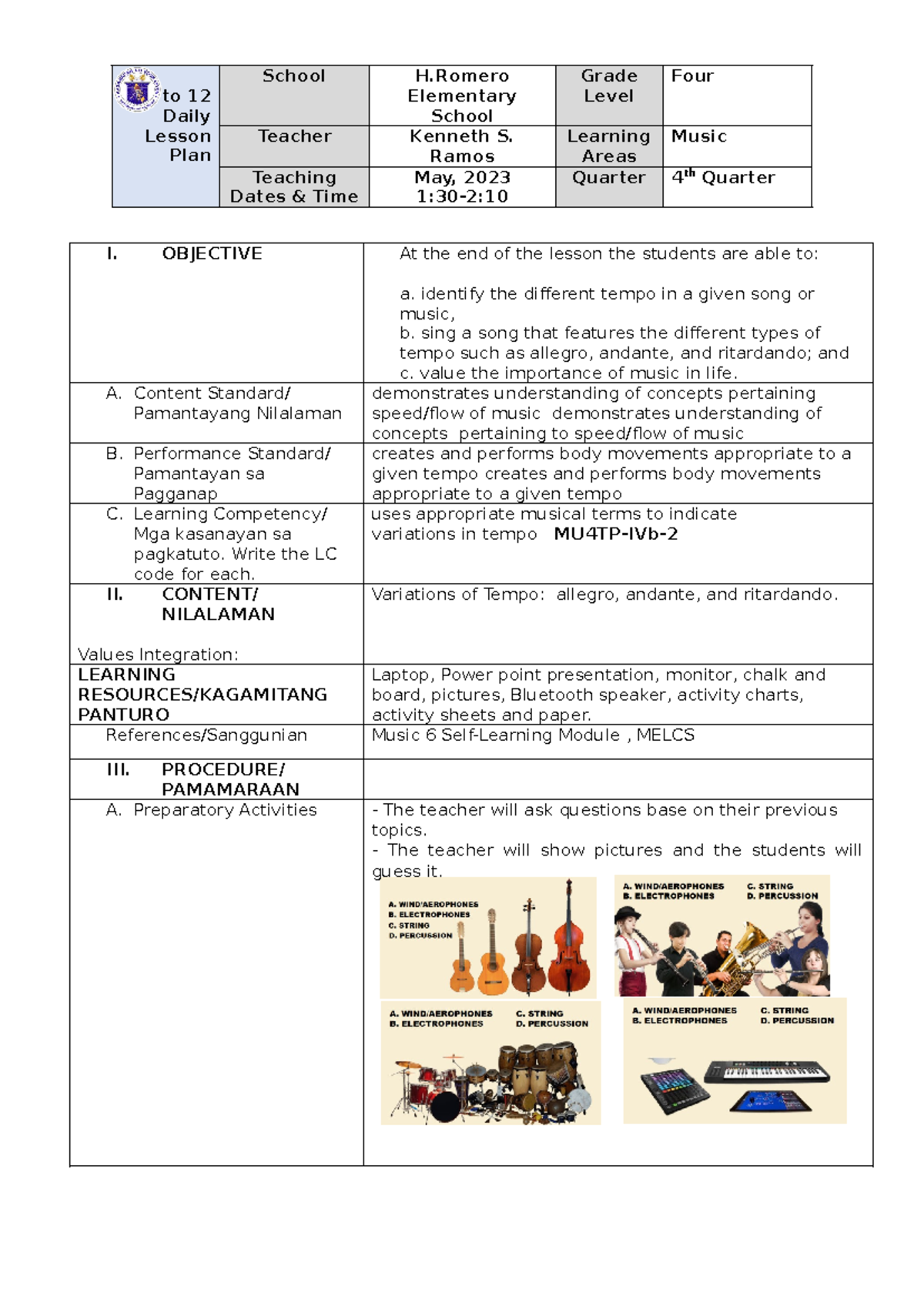 COT Music 6 4th Quarter Lesson Plan: Tempo Variations and Activities ...