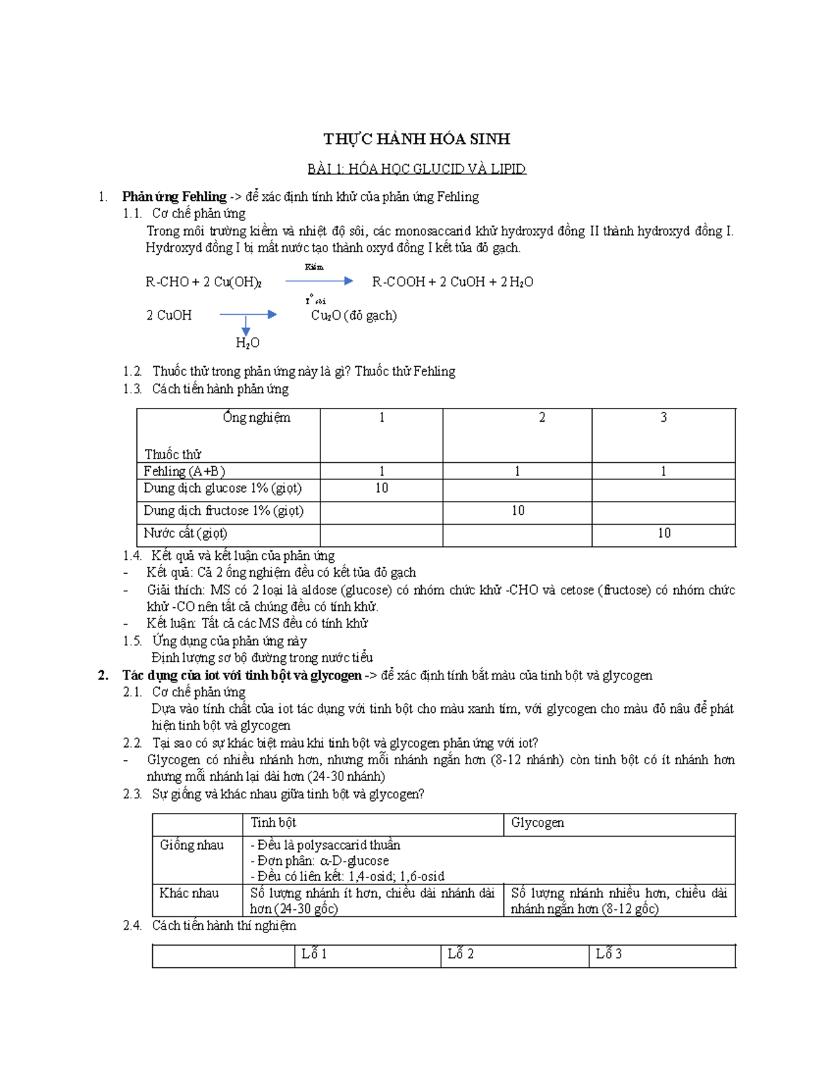 THỰC HÀNH HÓA SINH - Bài Tập Hóa Học Glucid và Lipid - Studocu