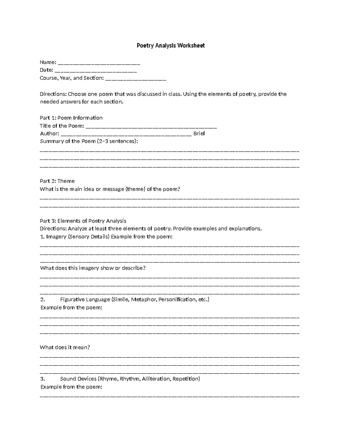 Poetry Analysis Worksheet: Elements & Themes Exploration - Studocu