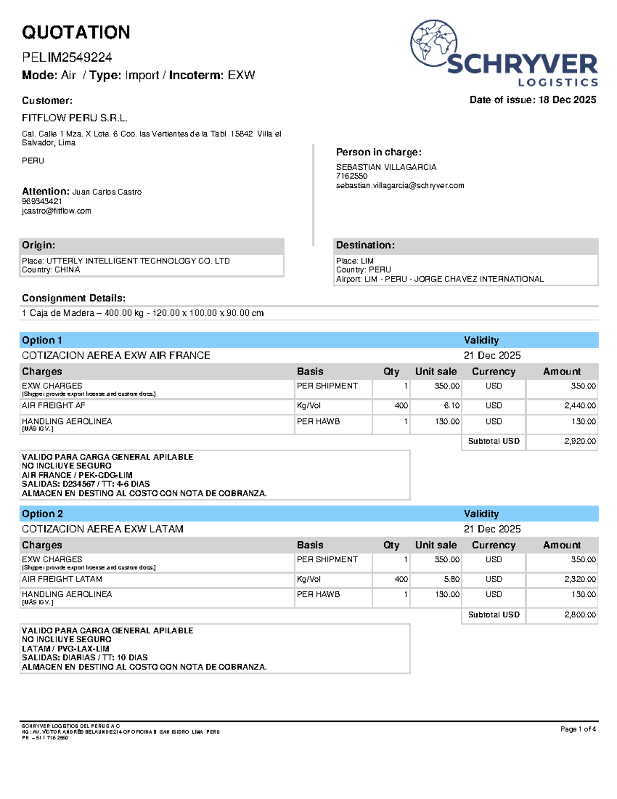 COTIZACION AEREA EXW PELIM2549224 - SCHRYVER LOGISTICS - Studocu