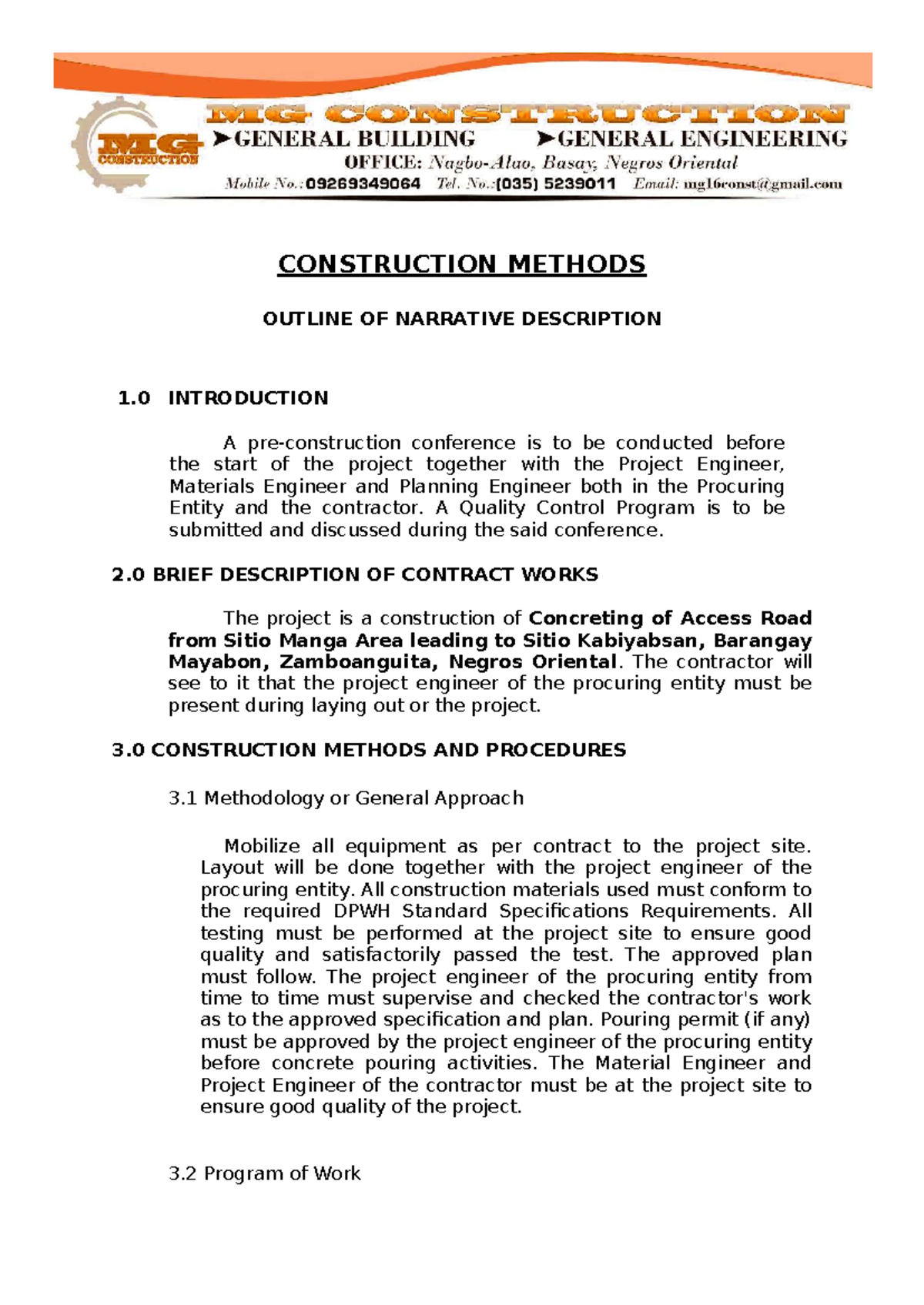 Construction Methods Outline for Project 336: Access Road Concreting ...