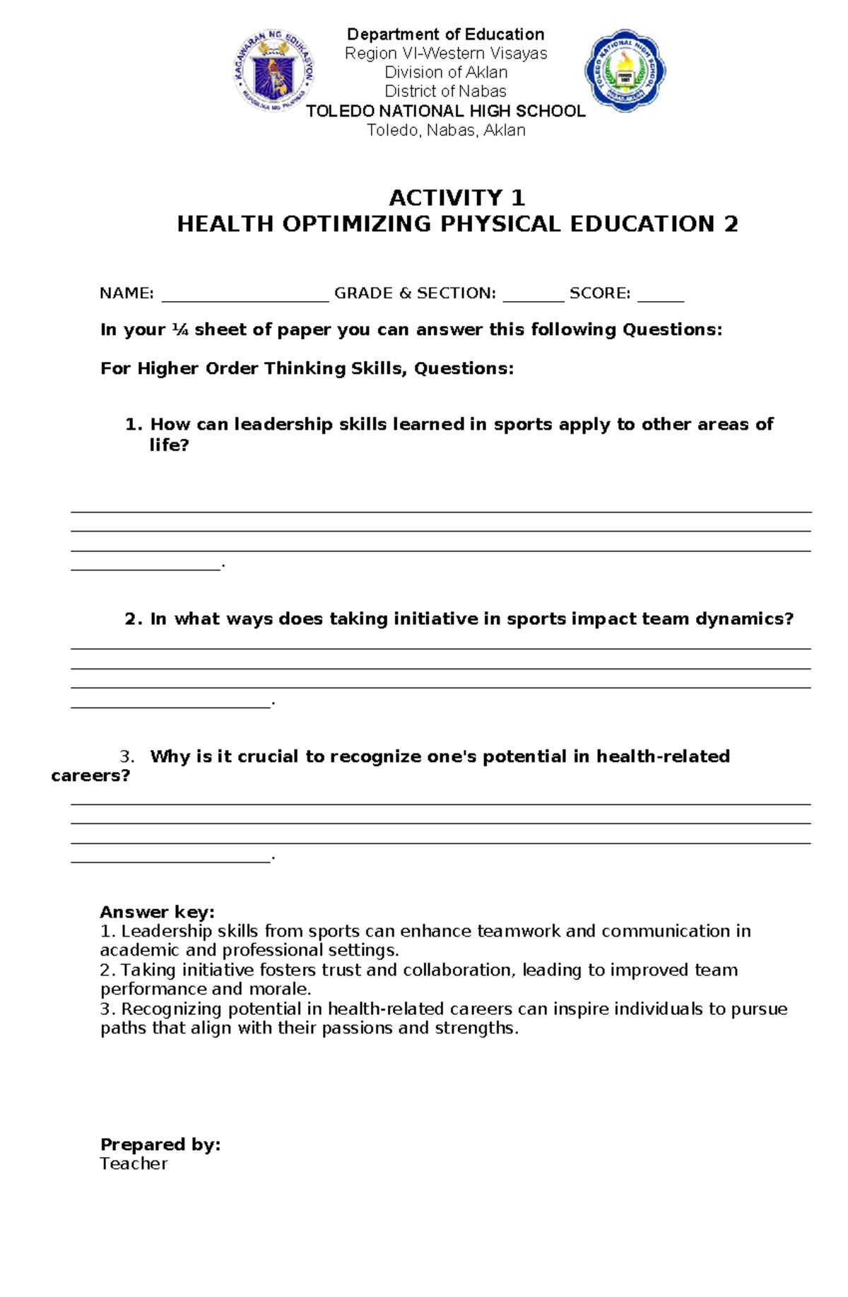 Activity 1: Health Optimizing PE 2 - Higher Order Thinking Skills ...