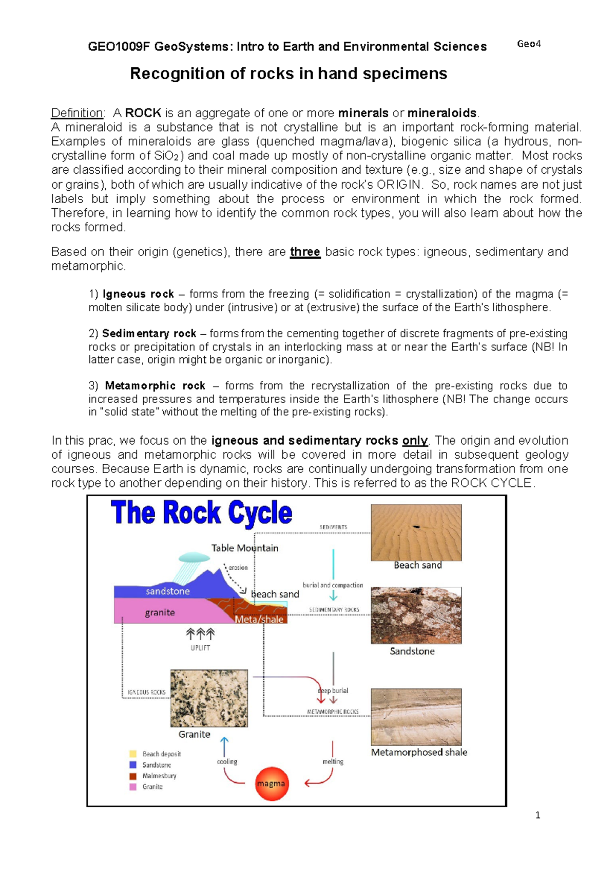 GEO1009F Practical 2: Identification of Igneous and Sedimentary Rocks ...