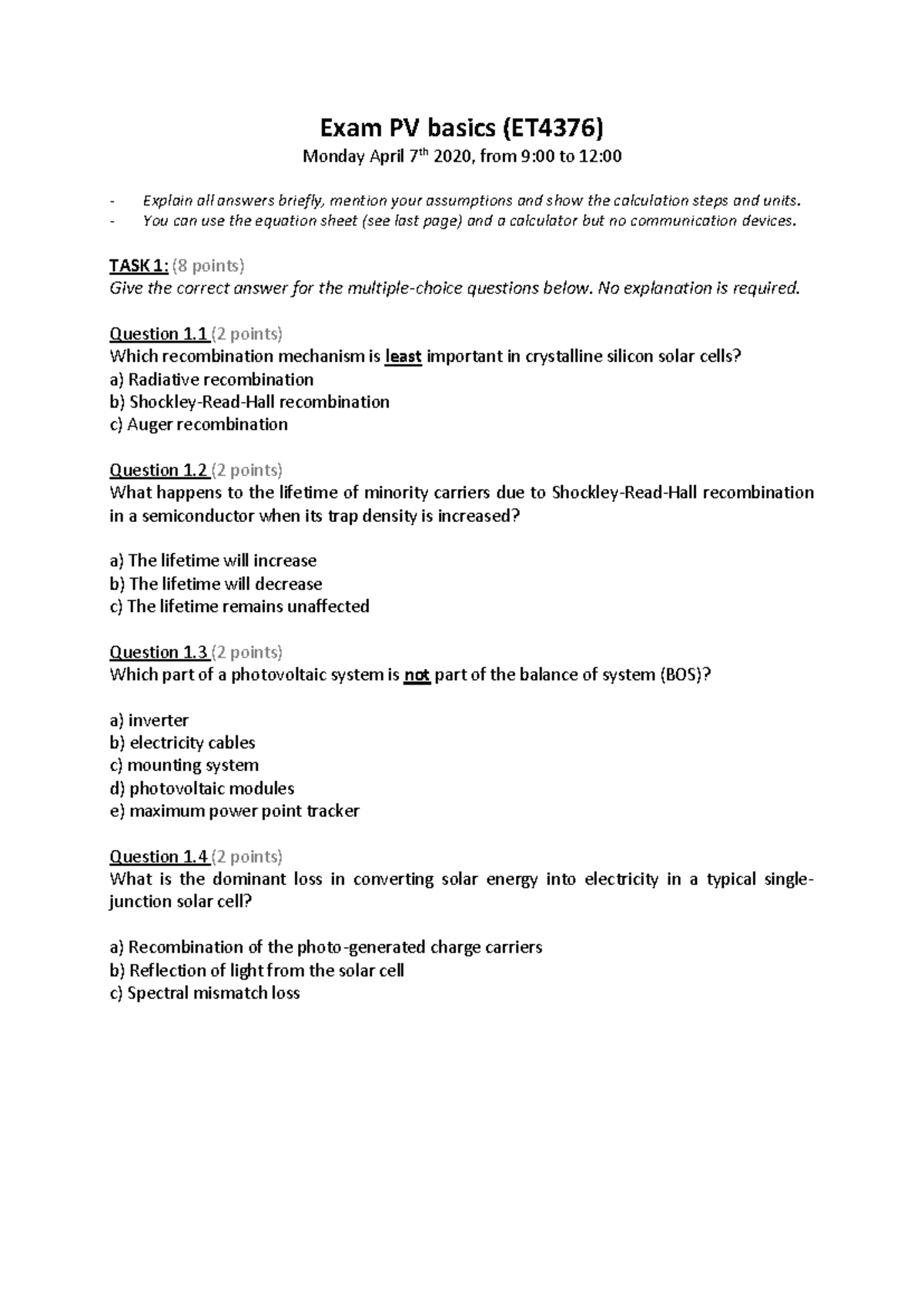 PV Basics Exam Instructions and Questions (ET4376) - Studeersnel