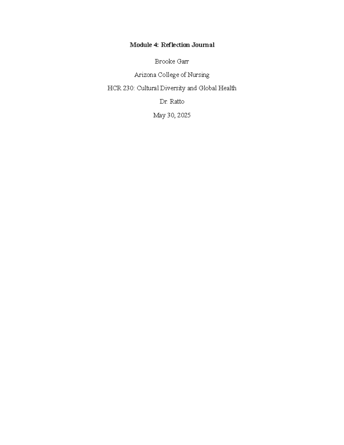 Module 4: Reflection Journal for HCR 230 - Cultural Diversity - Studocu