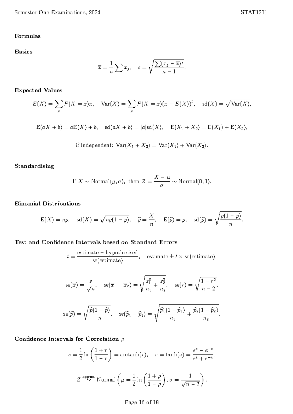 STAT1201 Final Exam Formula Sheet for Semester One, 2024 - Studocu
