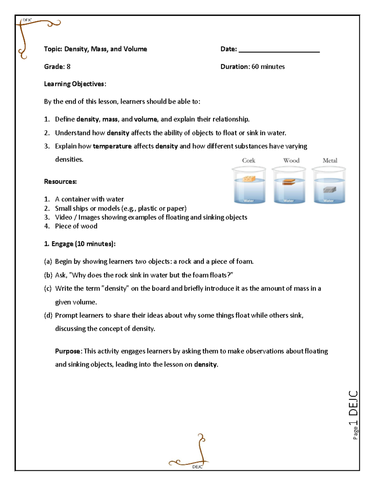 Density, Mass, and Volume: Grade 8 Lesson Plan Overview - Studocu