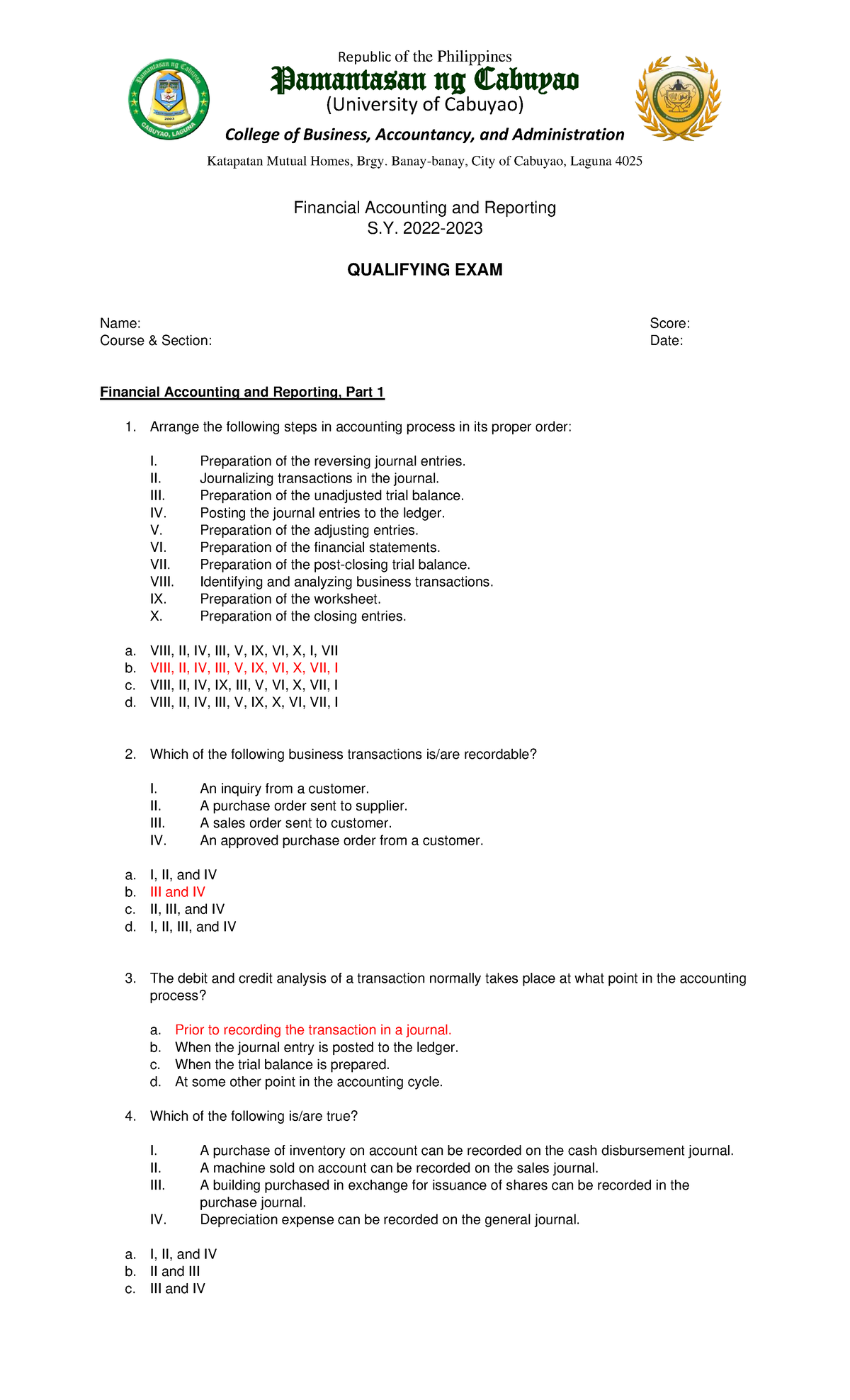 Qualifying Exam Answer Keys for Financial Accounting and Reporting S ...