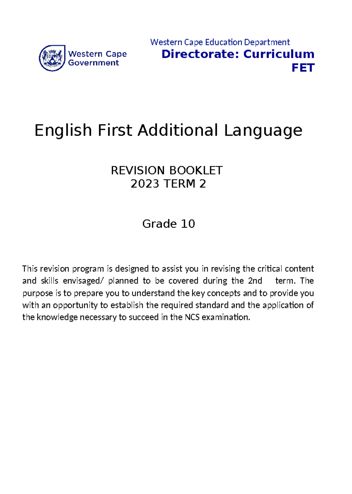 EFAL Grade 10 Term 2 Revision Booklet - Key Themes & Activities - Studocu